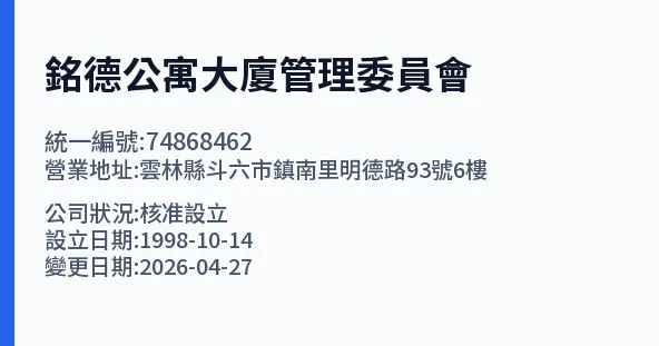 銘德公寓大廈管理委員會的照片-統編 74868462(雲林縣) 公司登記資料與營業項目詳細圖表