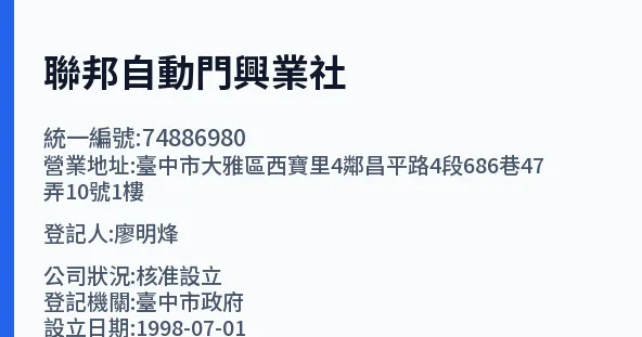聯邦自動門興業社的照片-統編 74886980(臺中市) 公司登記資料與營業項目詳細圖表