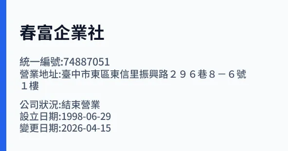 春富企業社的照片-統編 74887051(臺中市) 公司登記資料與營業項目詳細圖表