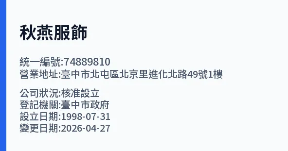 秋燕服飾的照片-統編 74889810(臺中市) 公司登記資料與營業項目詳細圖表