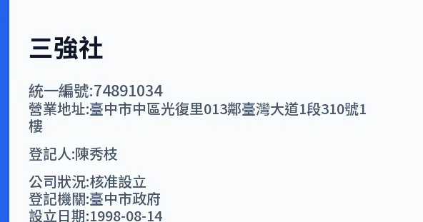 三強社的照片-統編 74891034(臺中市) 公司登記資料與營業項目詳細圖表