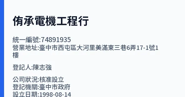 侑承電機工程行的照片-統編 74891935(臺中市) 公司登記資料與營業項目詳細圖表
