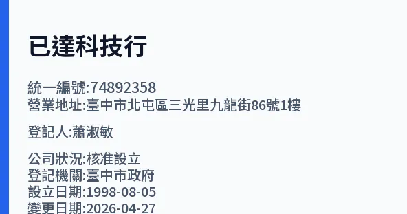 已達科技行的照片-統編 74892358(臺中市) 公司登記資料與營業項目詳細圖表