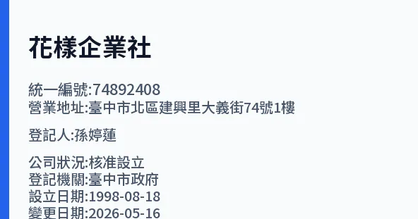 花樣企業社的照片-統編 74892408(臺中市) 公司登記資料與營業項目詳細圖表
