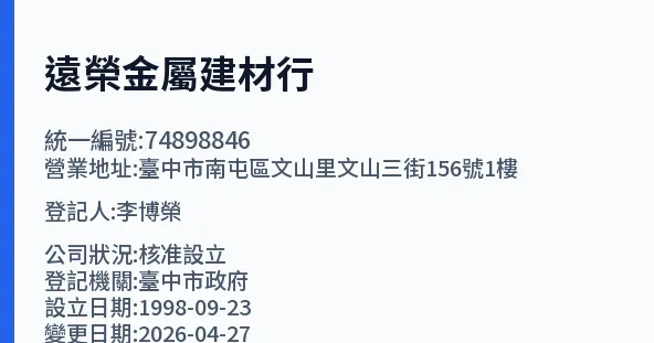遠榮金屬建材行的照片-統編 74898846(臺中市) 公司登記資料與營業項目詳細圖表