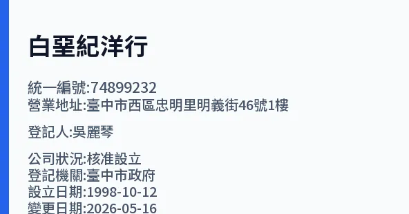 白堊紀洋行的照片-統編 74899232(臺中市) 公司登記資料與營業項目詳細圖表