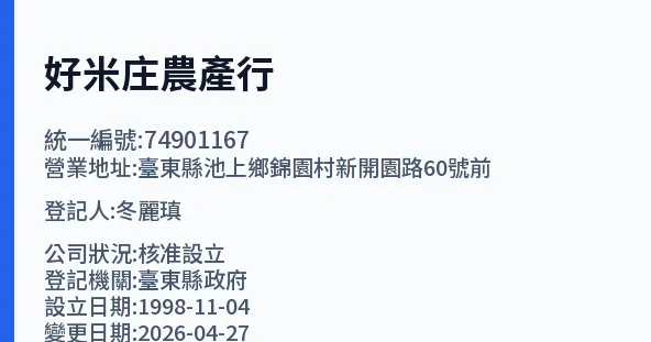 好米庄農產行的照片-統編 74901167(臺東縣) 公司登記資料與營業項目詳細圖表