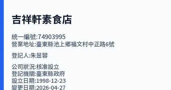 吉祥軒素食店的照片-統編 74903995(臺東縣) 公司登記資料與營業項目詳細圖表