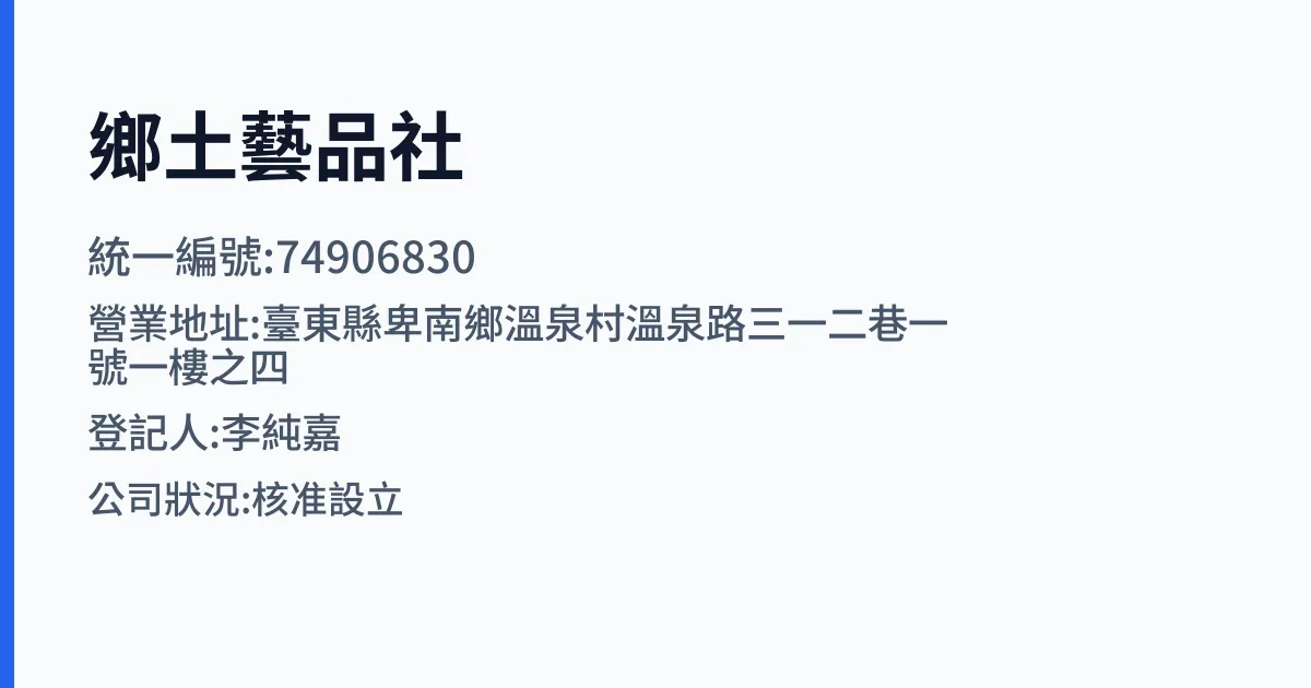 鄉土藝品社 - 統編 74906830(臺東縣) 公司登記資料與營業項目詳細圖表