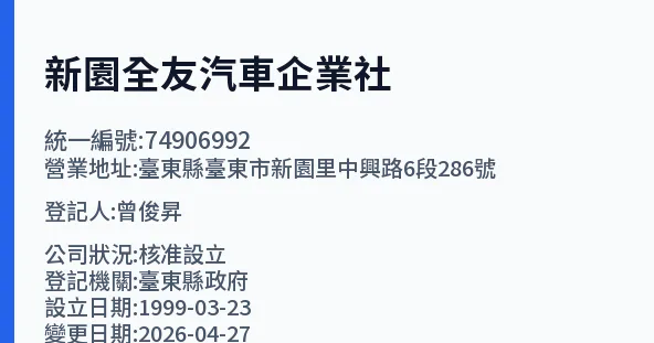 新園全友汽車企業社的照片-統編 74906992(臺東縣) 公司登記資料與營業項目詳細圖表