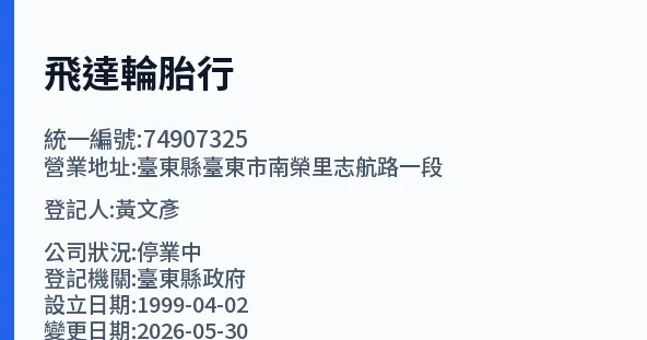 飛達輪胎行的照片-統編 74907325(臺東縣) 公司登記資料與營業項目詳細圖表