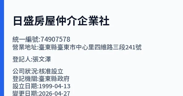 日盛房屋仲介企業社的照片-統編 74907578(臺東縣) 公司登記資料與營業項目詳細圖表