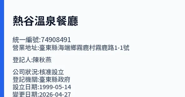 熱谷溫泉餐廳的照片-統編 74908491(臺東縣) 公司登記資料與營業項目詳細圖表