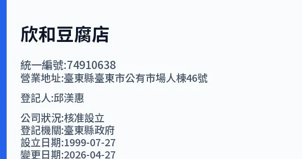 欣和豆腐店的照片-統編 74910638(臺東縣) 公司登記資料與營業項目詳細圖表
