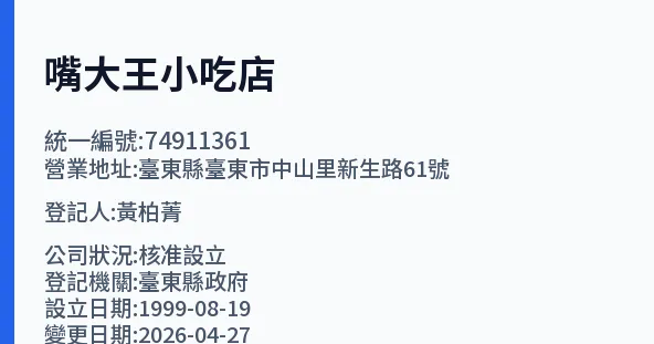 嘴大王小吃店的照片-統編 74911361(臺東縣) 公司登記資料與營業項目詳細圖表