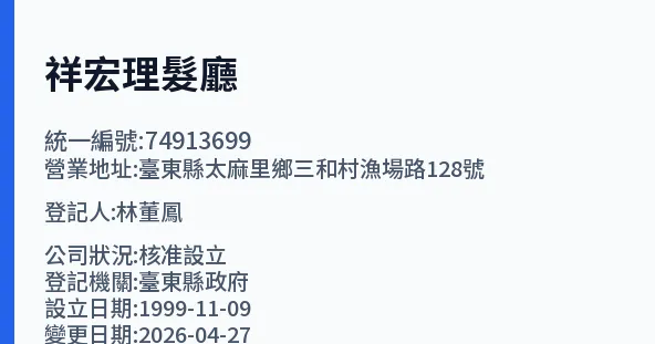 祥宏理髮廳的照片-統編 74913699(臺東縣) 公司登記資料與營業項目詳細圖表