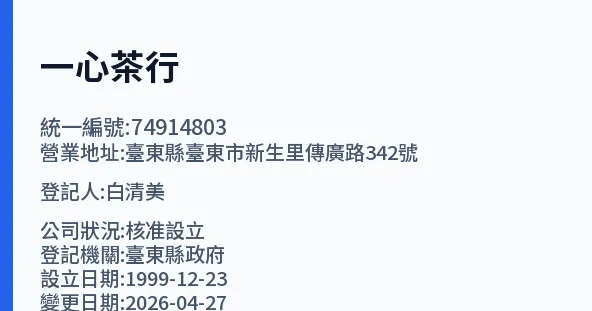 一心茶行的照片-統編 74914803(臺東縣) 公司登記資料與營業項目詳細圖表