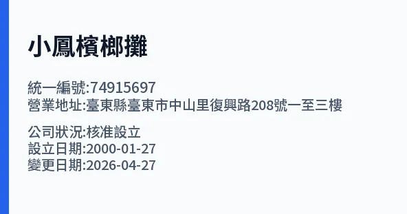 小鳳檳榔攤的照片-統編 74915697(臺東縣) 公司登記資料與營業項目詳細圖表