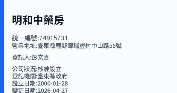 明和中藥房的照片-統編 74915731(臺東縣) 公司登記資料與營業項目詳細圖表