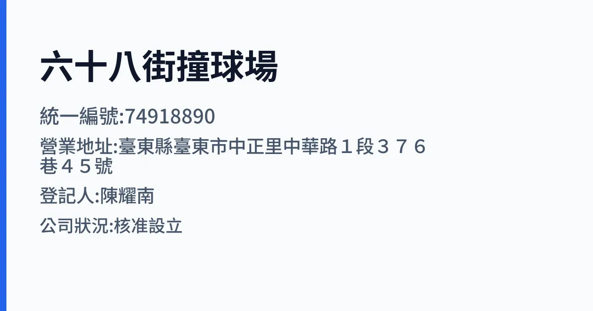 六十八街撞球場 - 統編 74918890(臺東縣) 公司登記資料與營業項目詳細圖表