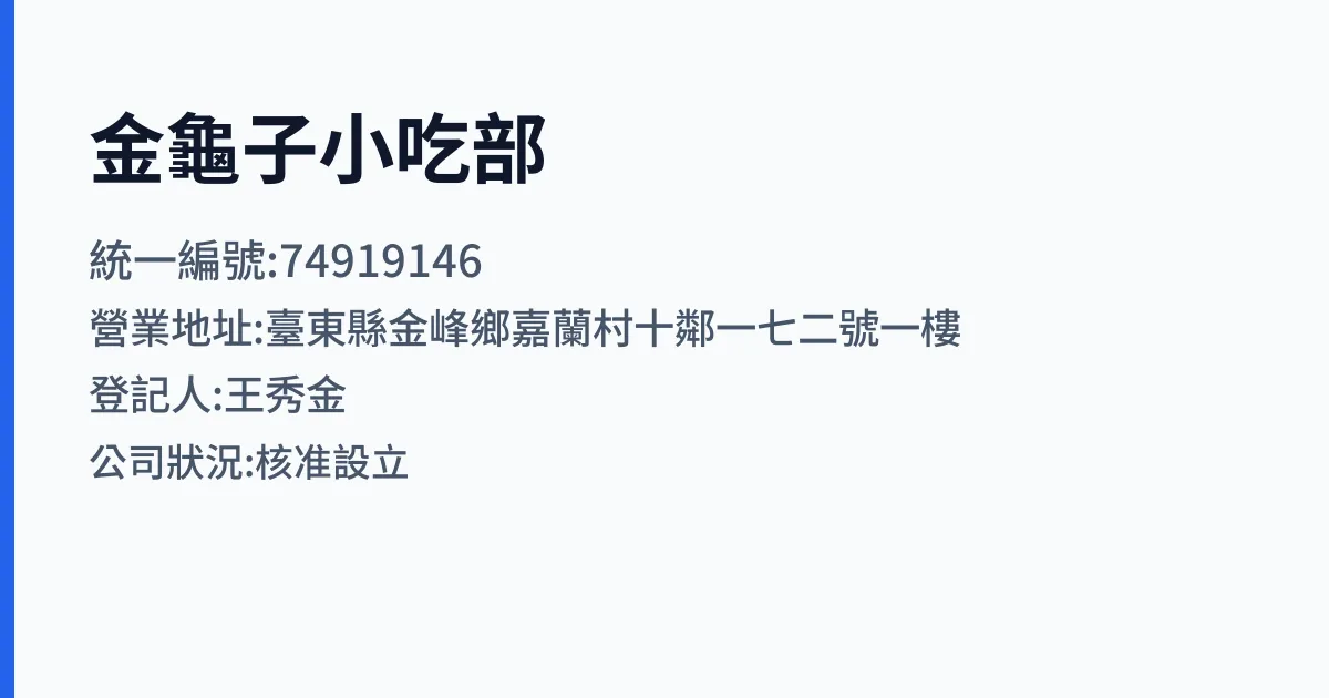 金龜子小吃部 - 統編 74919146(臺東縣) 公司登記資料與營業項目詳細圖表
