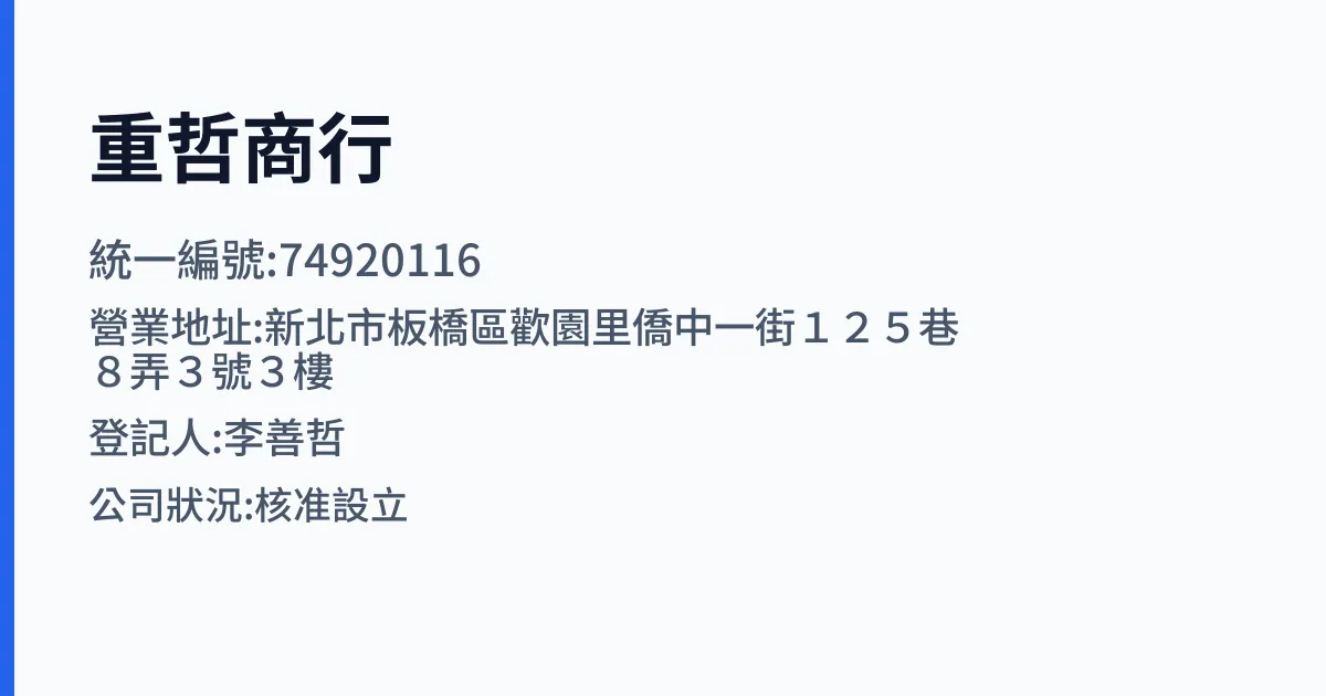 重哲商行 - 統編 74920116(新北市) 公司登記資料與營業項目詳細圖表