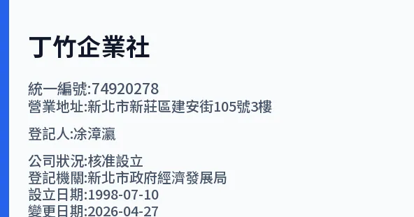 丁竹企業社的照片-統編 74920278(新北市) 公司登記資料與營業項目詳細圖表