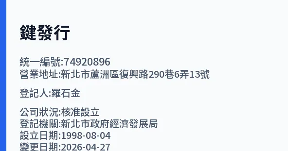 鍵發行的照片-統編 74920896(新北市) 公司登記資料與營業項目詳細圖表