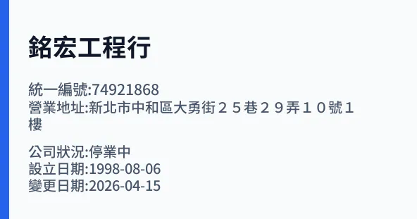 銘宏工程行的照片-統編 74921868(新北市) 公司登記資料與營業項目詳細圖表