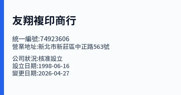 友翔複印商行的照片-統編 74923606(新北市) 公司登記資料與營業項目詳細圖表