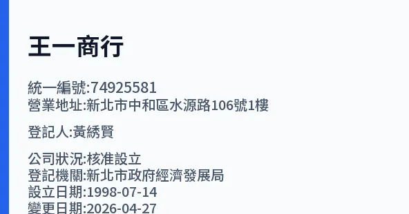 王一商行的照片-統編 74925581(新北市) 公司登記資料與營業項目詳細圖表