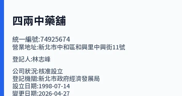 四兩中藥舖的照片-統編 74925674(新北市) 公司登記資料與營業項目詳細圖表