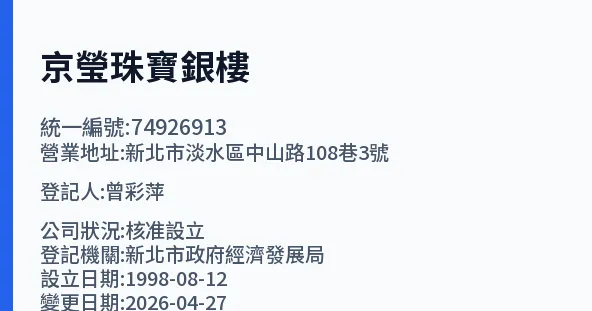 京瑩珠寶銀樓的照片-統編 74926913(新北市) 公司登記資料與營業項目詳細圖表