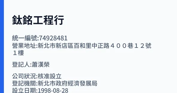 鈦銘工程行的照片-統編 74928481(新北市) 公司登記資料與營業項目詳細圖表