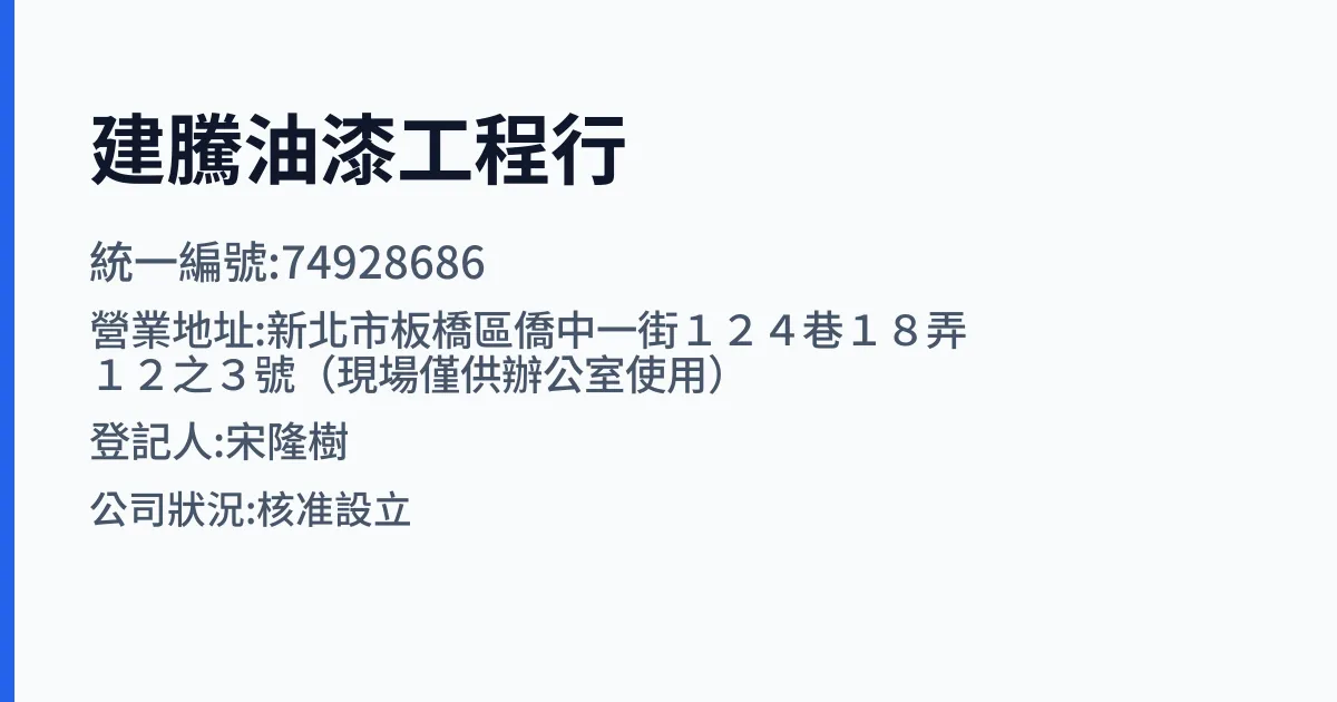 建騰油漆工程行 - 統編 74928686（新北市） 公司登記資料與營業項目詳細圖表