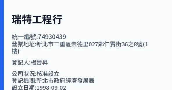瑞特工程行的照片-統編 74930439(新北市) 公司登記資料與營業項目詳細圖表