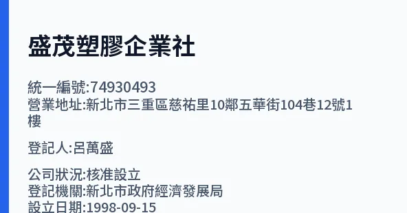 盛茂塑膠企業社的照片-統編 74930493(新北市) 公司登記資料與營業項目詳細圖表