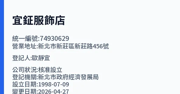 宜鉦服飾店的照片-統編 74930629(新北市) 公司登記資料與營業項目詳細圖表