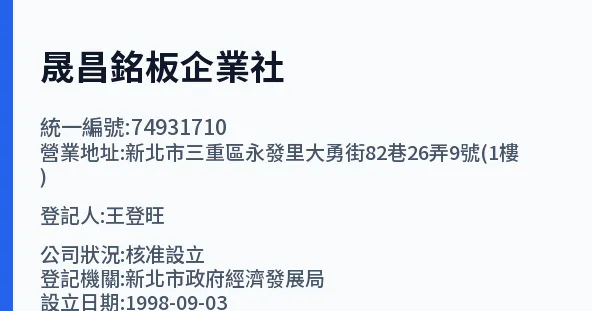 晟昌銘板企業社的照片-統編 74931710(新北市) 公司登記資料與營業項目詳細圖表