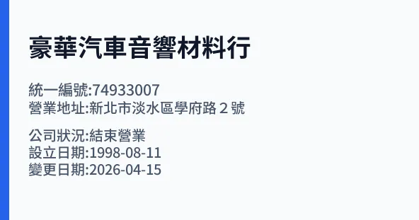 豪華汽車音響材料行的照片-統編 74933007(新北市) 公司登記資料與營業項目詳細圖表
