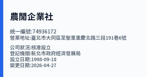 農閒企業社的照片-統編 74936172(臺北市) 公司登記資料與營業項目詳細圖表