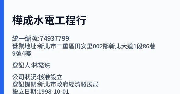 樺成水電工程行的照片-統編 74937799(新北市) 公司登記資料與營業項目詳細圖表