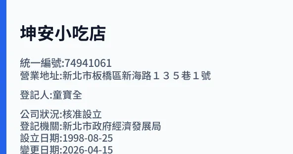 坤安小吃店的照片-統編 74941061(新北市) 公司登記資料與營業項目詳細圖表