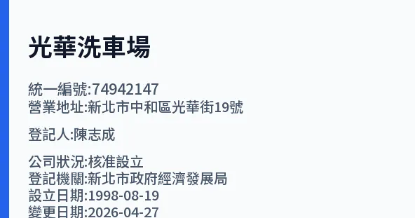 光華洗車場的照片-統編 74942147(新北市) 公司登記資料與營業項目詳細圖表