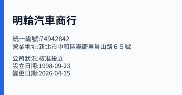 明輪汽車商行的照片-統編 74942842(新北市) 公司登記資料與營業項目詳細圖表