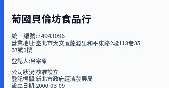 葡國貝倫坊食品行的照片-統編 74943096(臺北市) 公司登記資料與營業項目詳細圖表