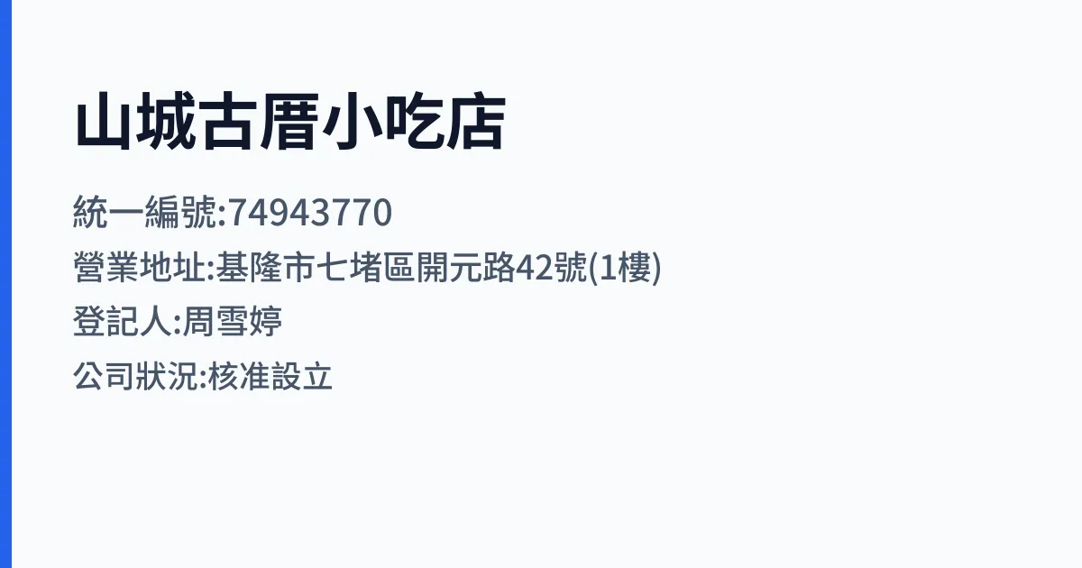 山城古厝小吃店 - 統編 74943770(基隆市) 公司登記資料與營業項目詳細圖表