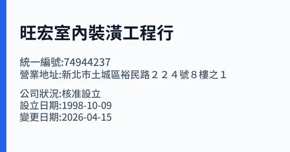 旺宏室內裝潢工程行的照片-統編 74944237(新北市) 公司登記資料與營業項目詳細圖表