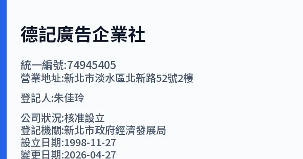 德記廣告企業社的照片-統編 74945405(新北市) 公司登記資料與營業項目詳細圖表