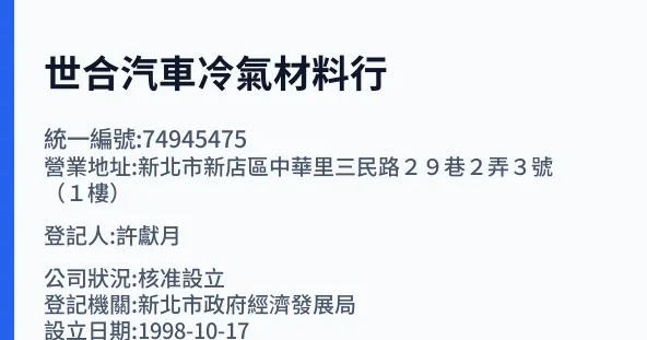 世合汽車冷氣材料行的照片-統編 74945475(新北市) 公司登記資料與營業項目詳細圖表